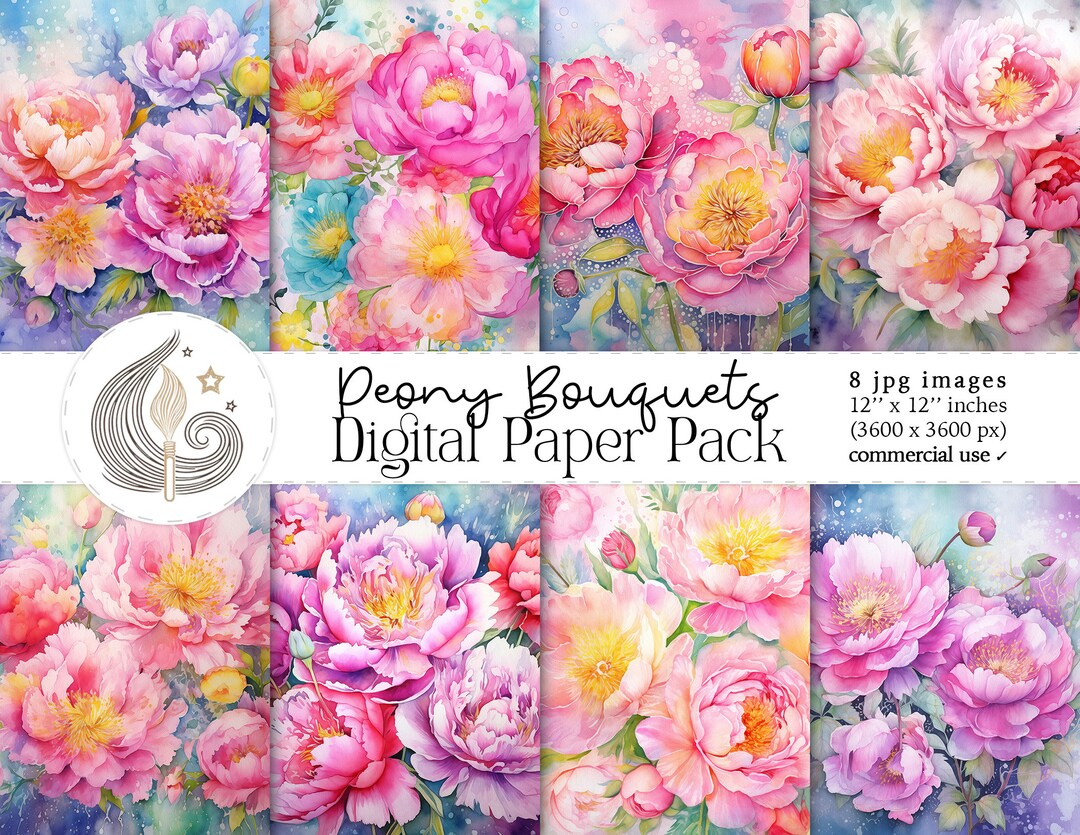 Peony Digital Paper | Watercolor Peonies Digital Paper | Printable ...