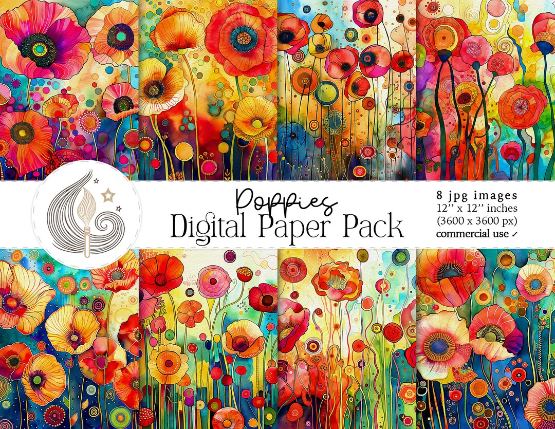 Poppies Digital Paper | Commercial Use | Watercolor Poppy Backgrounds ...