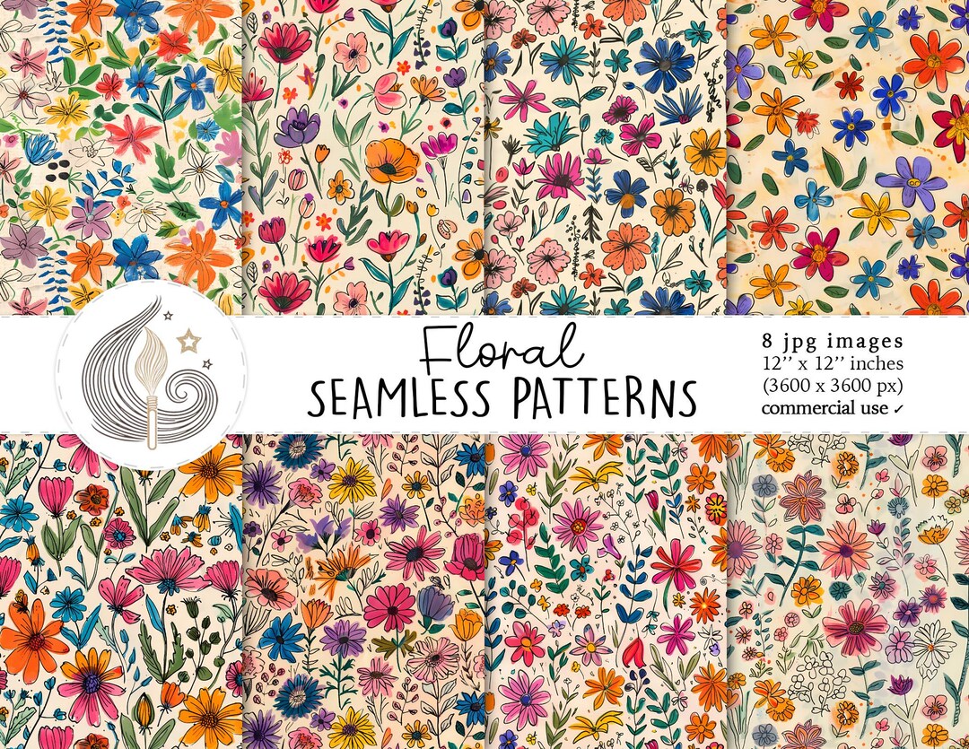 Floral Seamless Patterns: Hand Drawn Wildflower Digital Paper Pack in ...