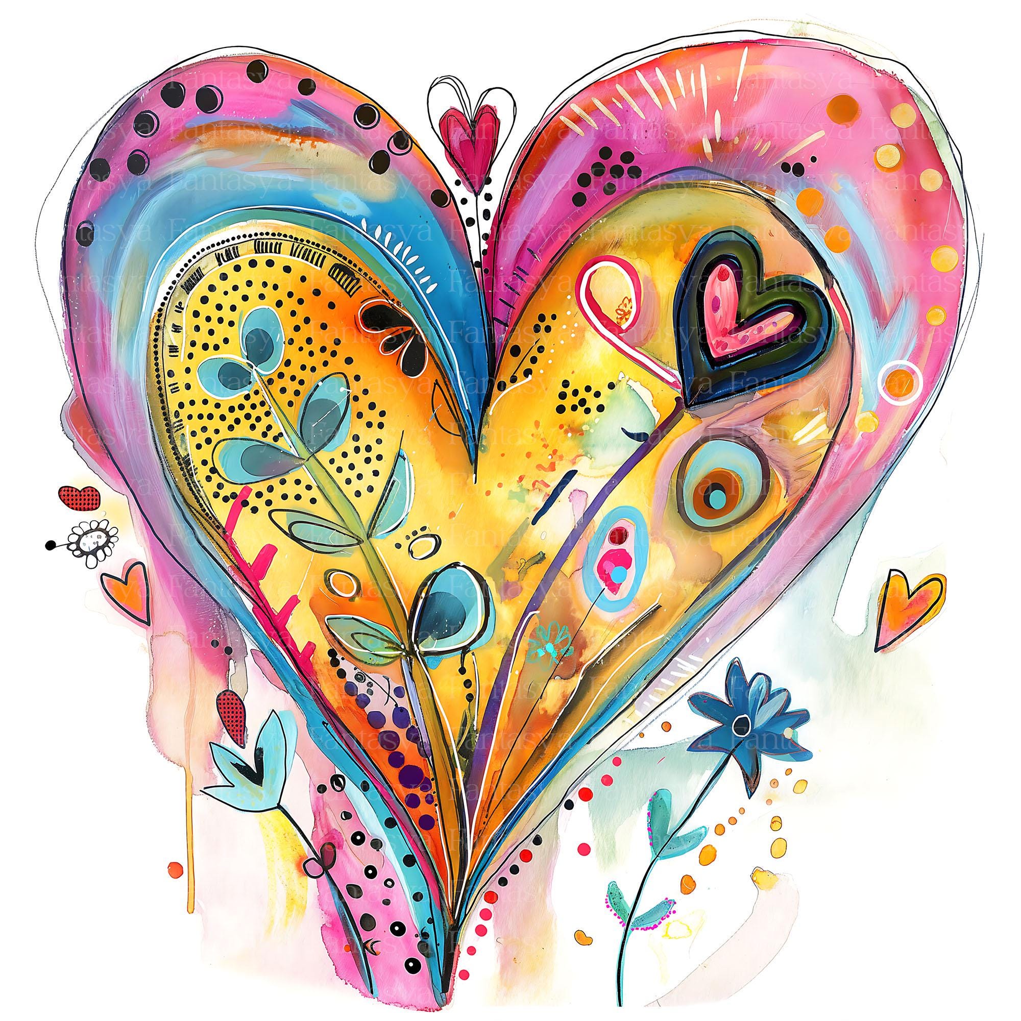 Whimsical Heart Clip Art Pack: 12 Jpg Colorful Mixed Media ...