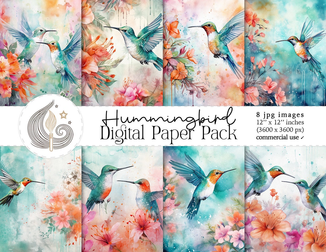 Hummingbird Digital Paper Pack: Watercolor Bird & Floral Backgrounds - Etsy