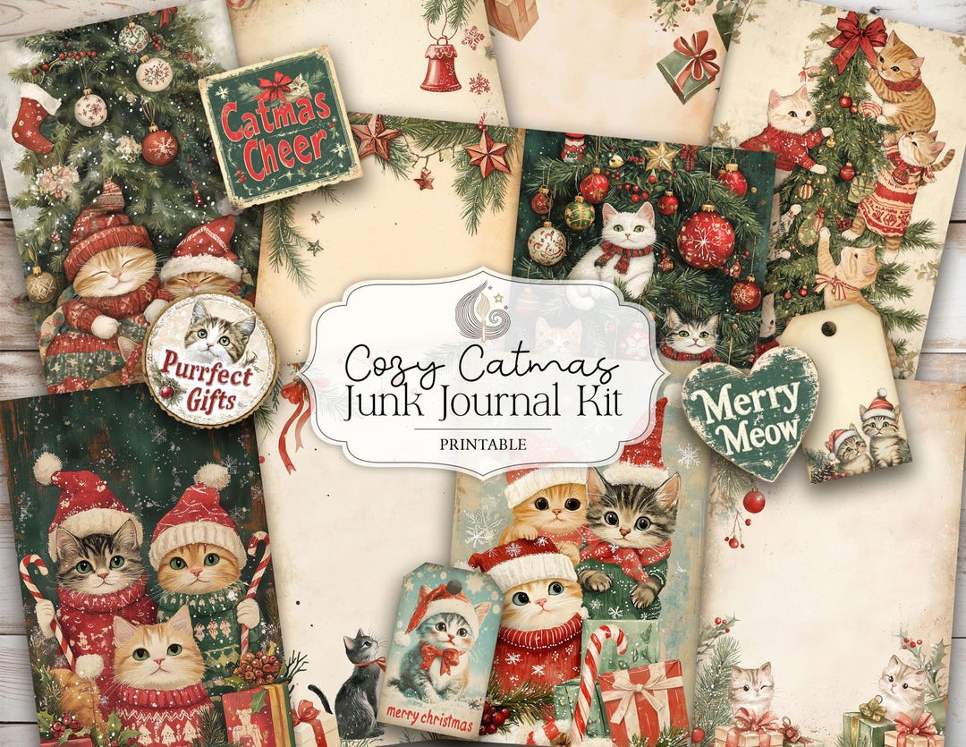 Cozy Christmas Cat Junk Journal Kit | Printable Catmas Scrapbooking ...