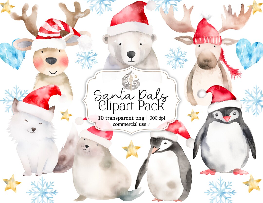 Santa Pals Clipart | Cute Christmas Animals Clipart | Watercolor Arctic ...