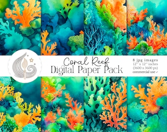 Coral Reef Digital Paper Pack: Watercolor Ocean Backgrounds With ...