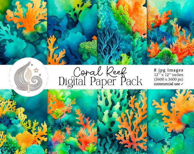 Coral Reef Digital Paper Pack: Watercolor Ocean Backgrounds With ...