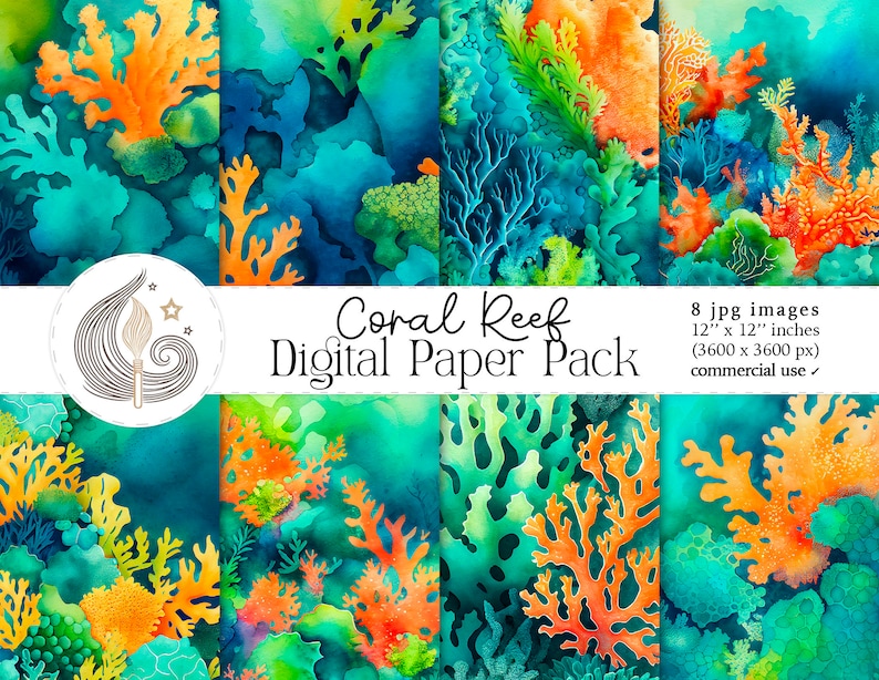 Coral Reef Digital Paper Pack: Watercolor Ocean Backgrounds With ...