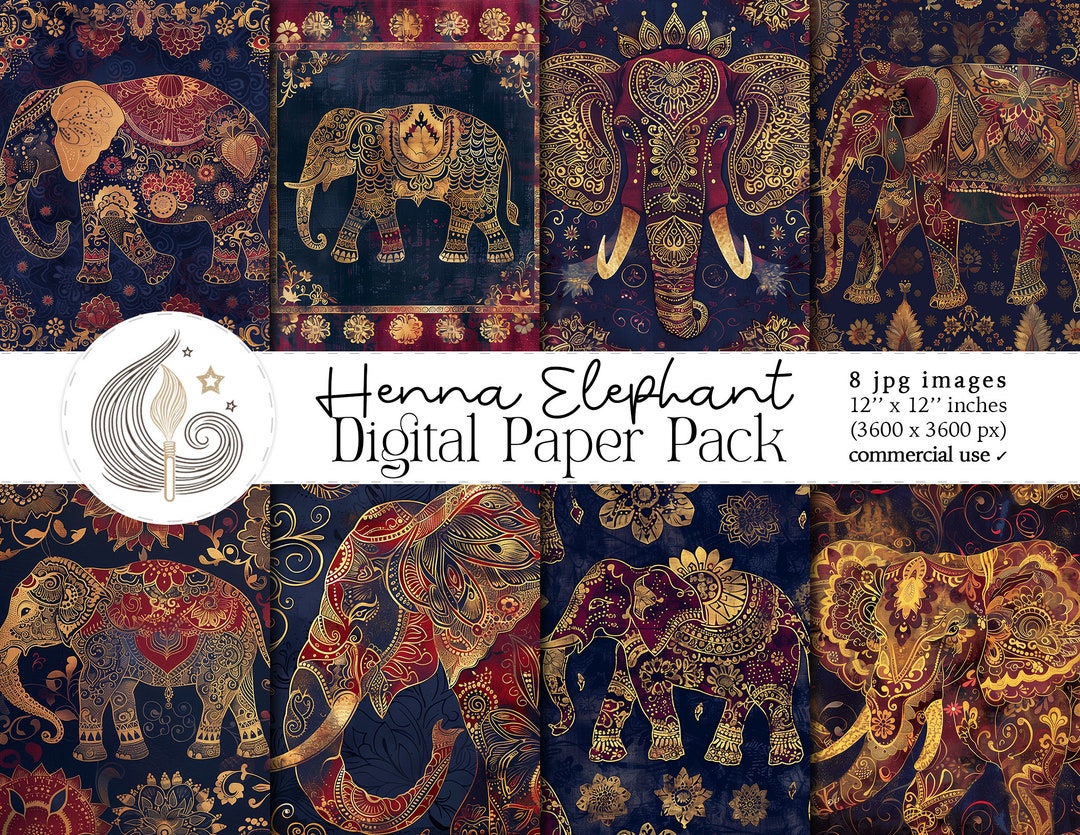 Elephant Digital Paper | Commercial Use | Henna Pattern | Indian ...