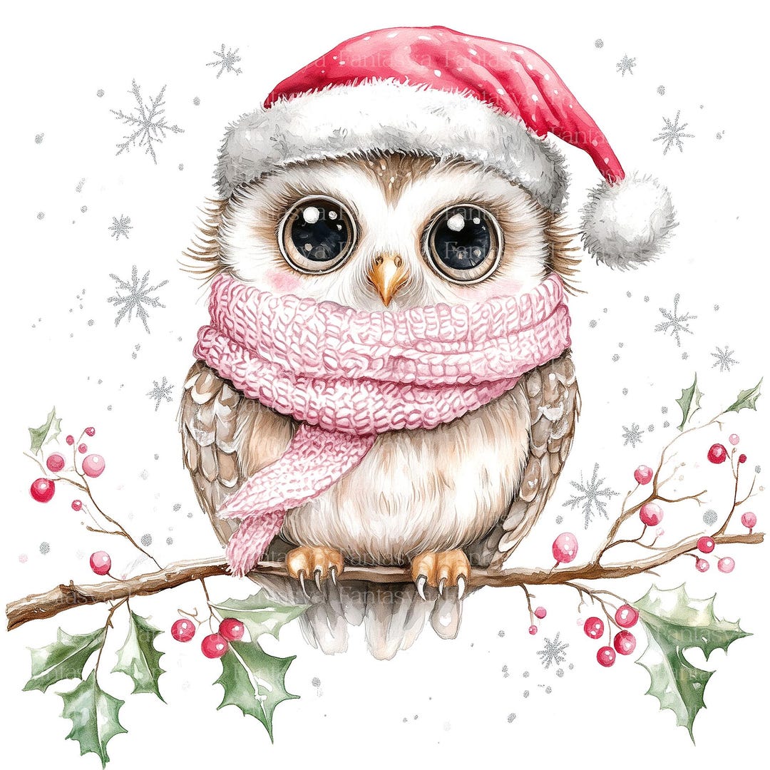 Christmas Owl Clip Art Pack | 12 Jpg Watercolor Images | Card Making ...