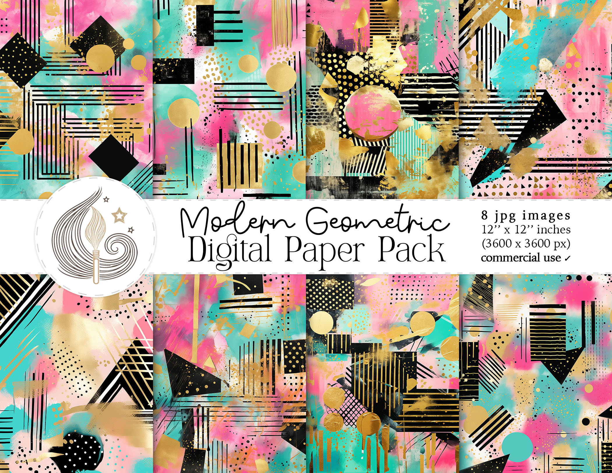 Modern Geometric Digital Paper Pack: Abstract Gold and Teal Patterns ...