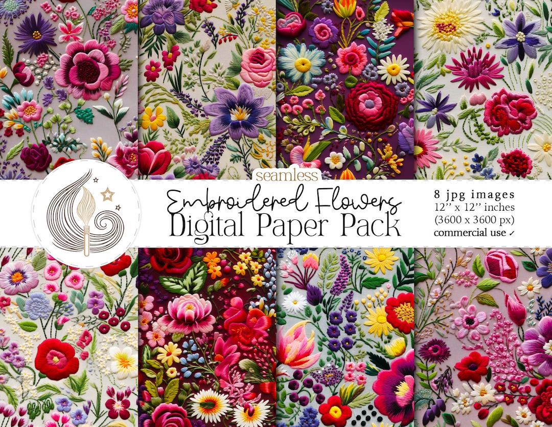Seamless Embroidery Flower Digital Papers Embroidered Floral Patterns ...