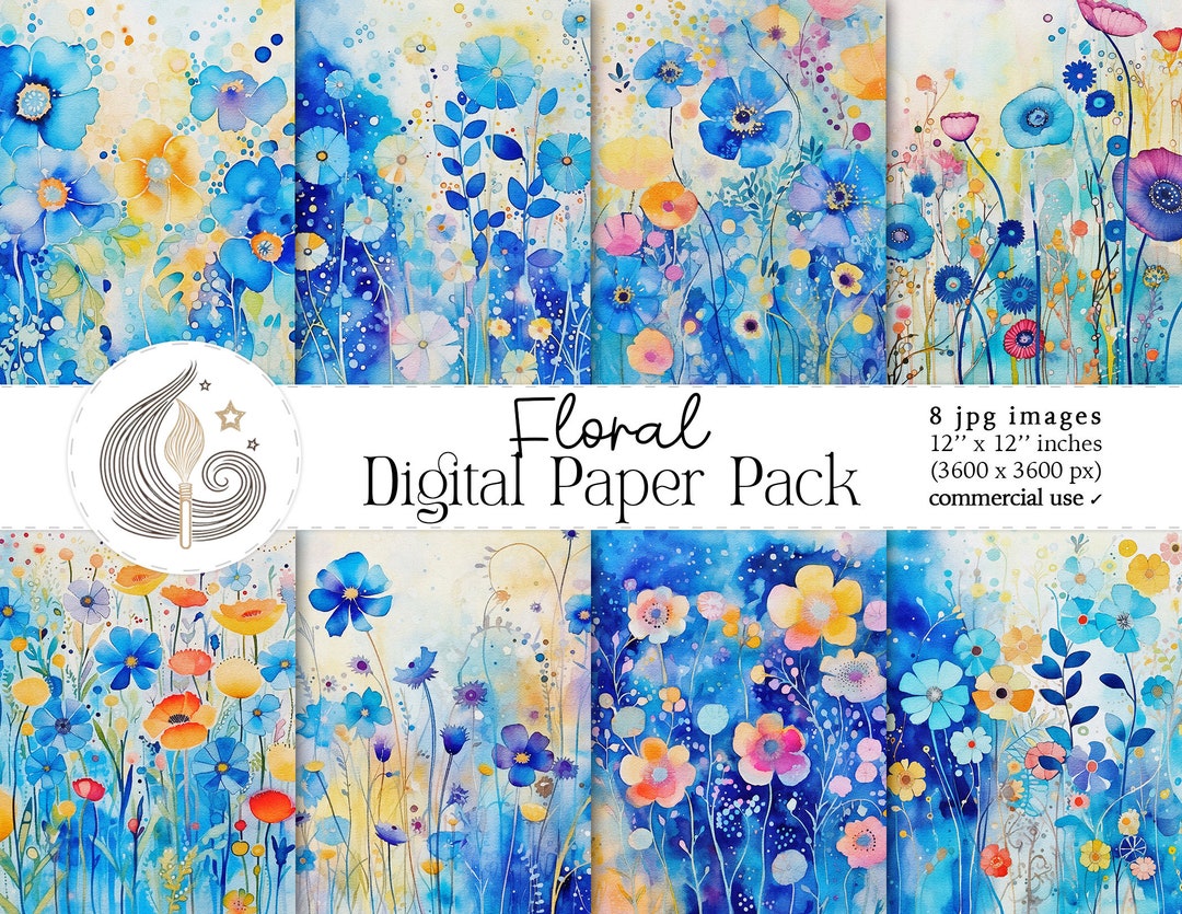 Floral Digital Paper Pack: Watercolor Garden Backgrounds in Blue Tones ...