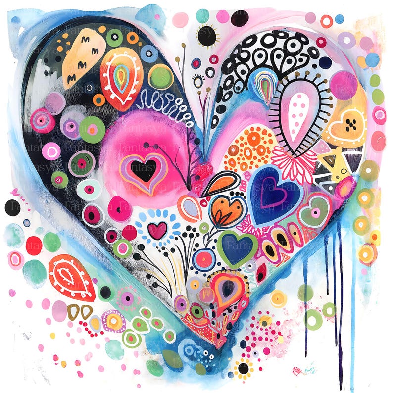 Whimsical Heart Clip Art Pack: 12 Jpg Colorful Mixed Media ...