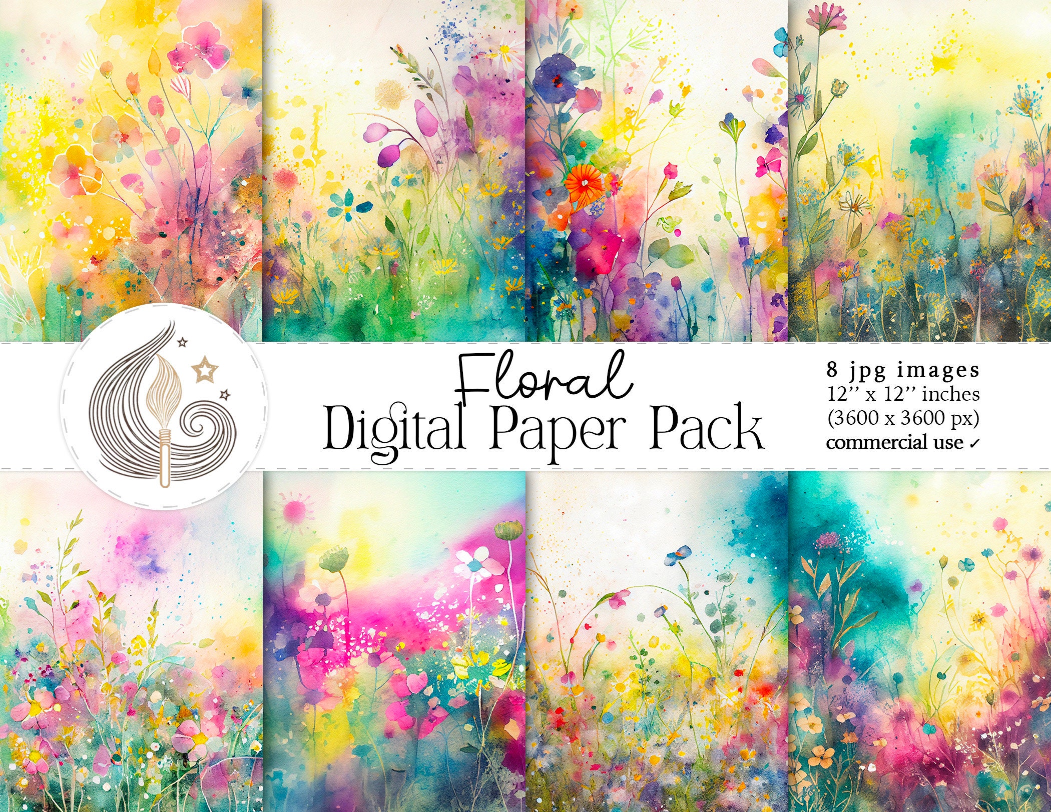 Floral Digital Paper Pack: Watercolor Field Flowers Backgrounds in ...