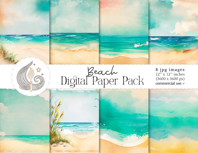 Beach Digital Paper Pack: Watercolor Ocean Backgrounds in Soft Sand and ...