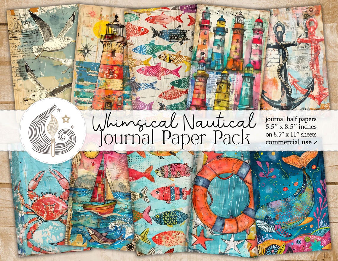 Whimsical Nautical Junk Journal Pages: Colorful Ocean Papers With Boats ...