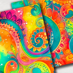 Hippie Digital Paper Pack: Vibrant Psychedelic Watercolor Pattern ...