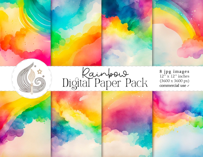 Rainbow Digital Paper Pack: Soft Watercolor Sky & Color Gradient ...