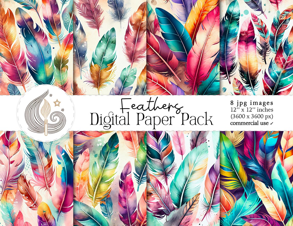 Watercolor Feathers Boho Digital Paper Pack Scrapbooking - Etsy