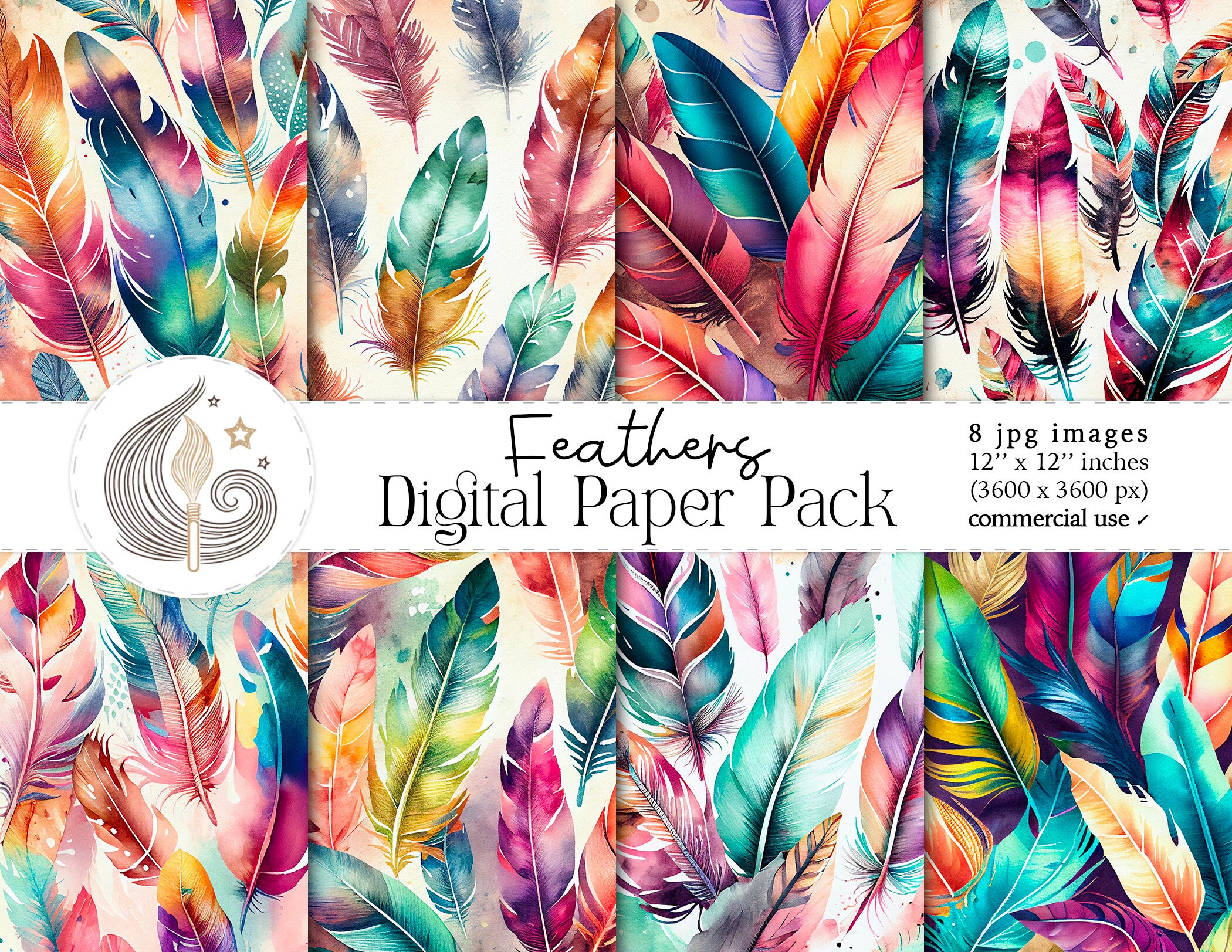 Watercolor Feathers Boho Digital Paper Pack Scrapbooking - Etsy