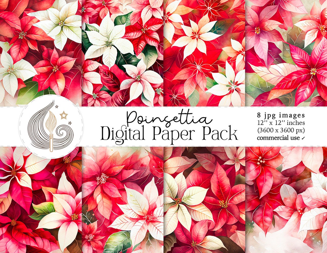 Poinsettia Digital Paper Pack: Watercolor Christmas Floral Backgrounds ...