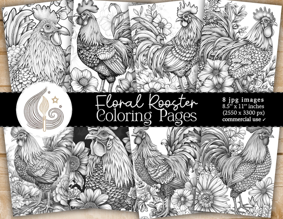 Floral Rooster Coloring Pages: Printable Sheets With Roosters and ...