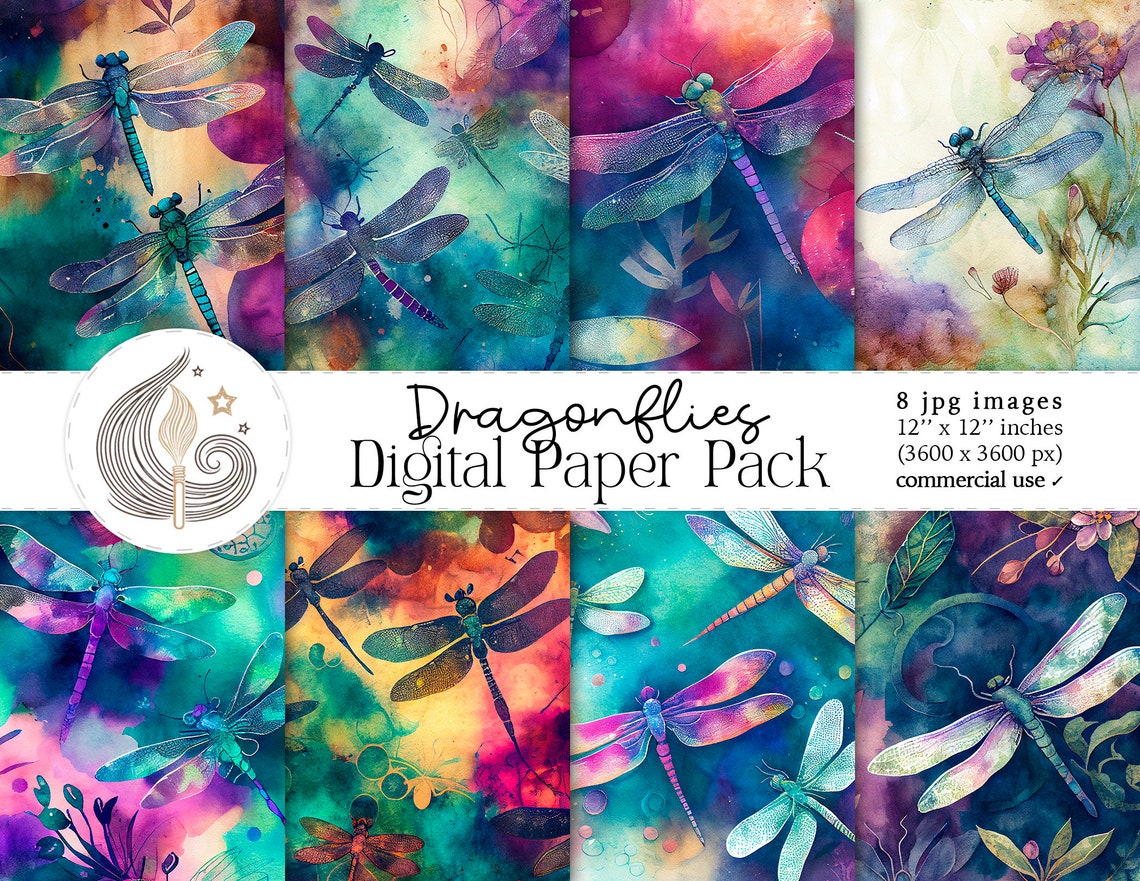 Dragonfly Digital Paper Watercolor Dragonflies Commercial - Etsy
