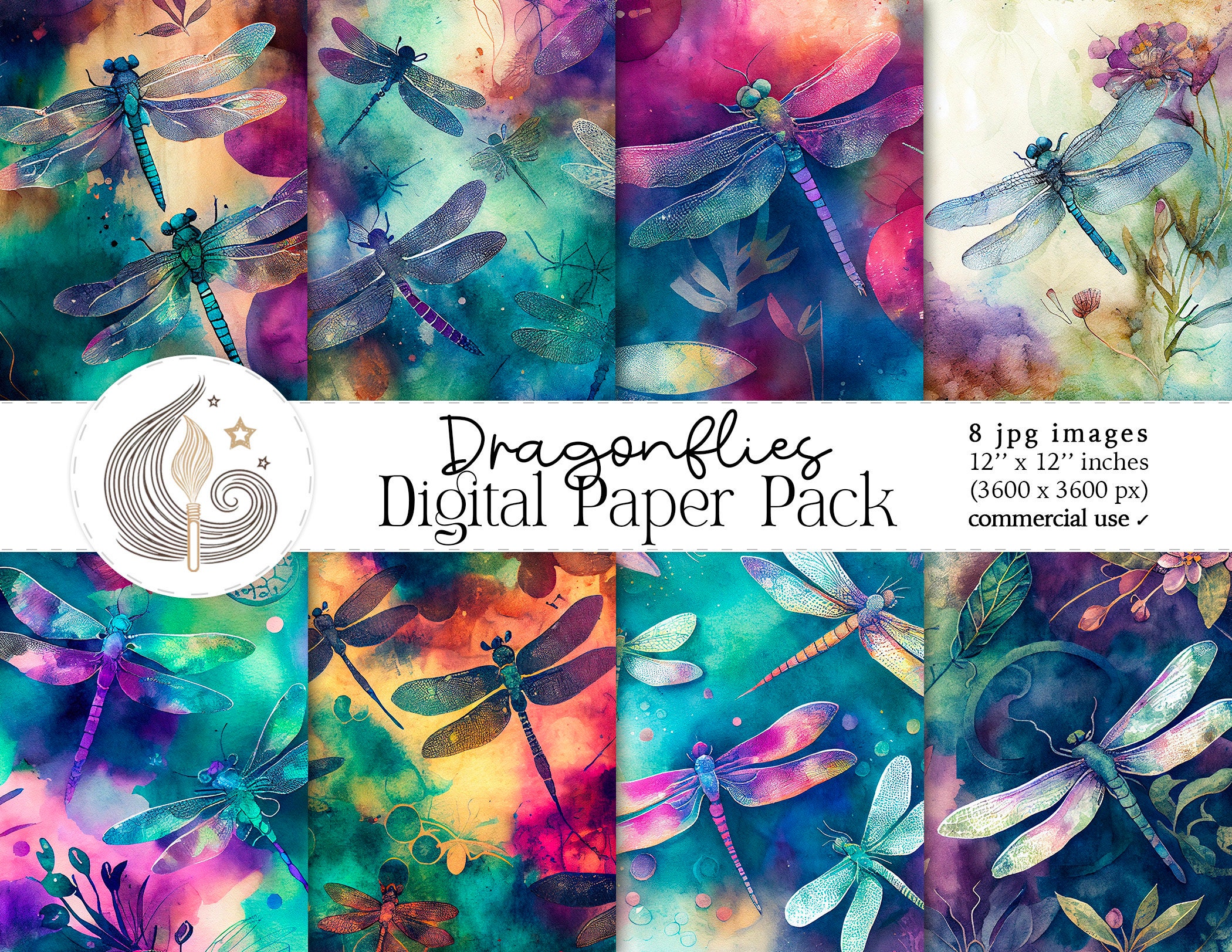 Dragonfly Digital Paper Watercolor Dragonflies Commercial - Etsy