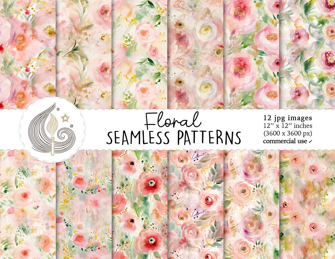 Floral Watercolor Digital Paper Set Flower Seamless Pattern Commercial ...