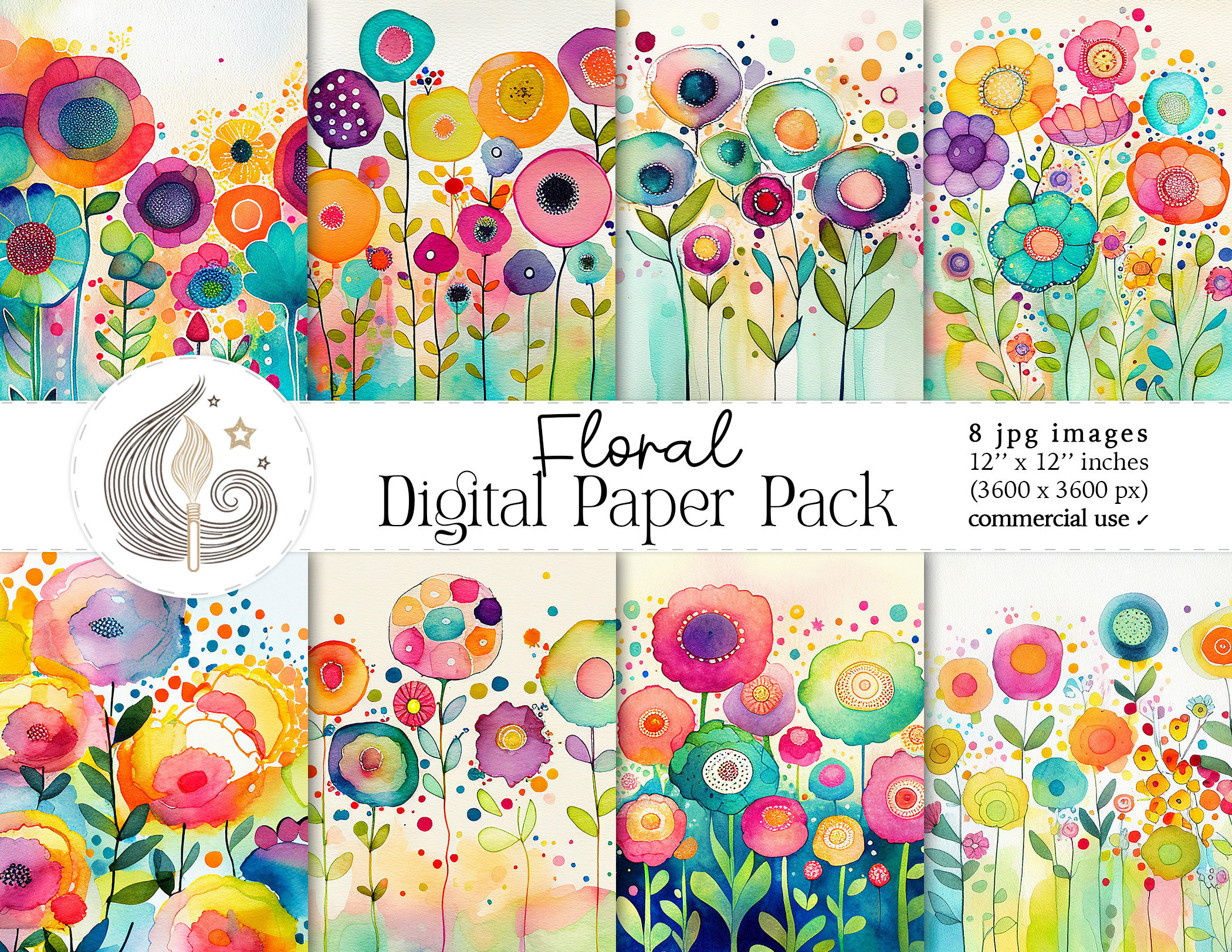 Floral Digital Paper Pack: Soft Watercolor Flowers in Pastel Pink and ...