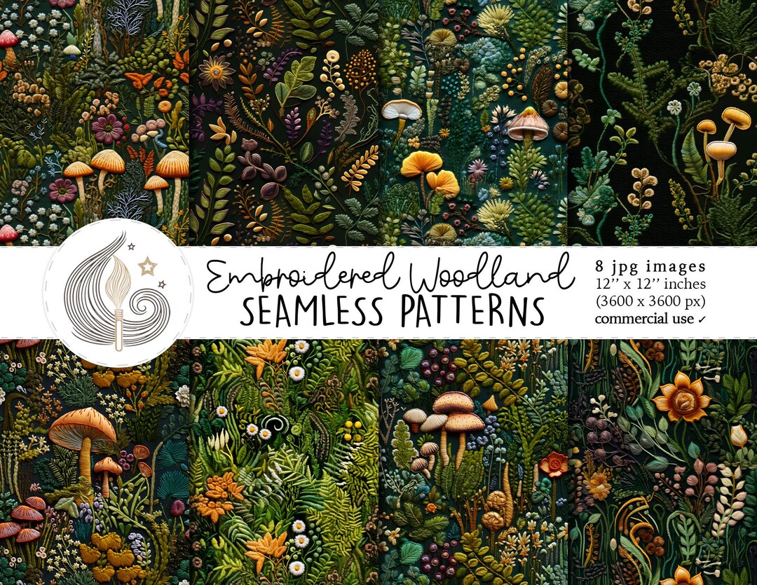 Embroidered Woodland Seamless Patterns: Forest Stitch Digital Paper ...