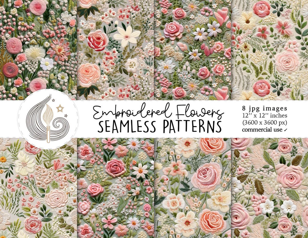 Embroidered Flowers Seamless Patterns: Blush Stitch Floral Digital ...