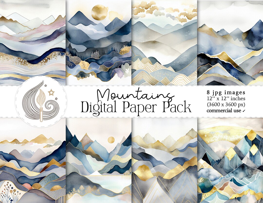 Mountains Digital Paper Pack: Watercolor Landscape Backgrounds With ...