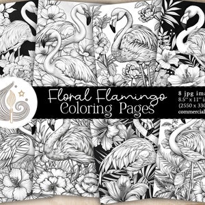 Printable Flamingo Coloring Pages | Floral Flamingo Grayscale Coloring ...