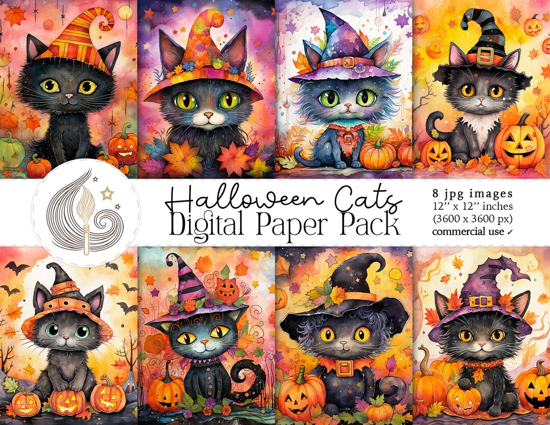 Halloween Cats | Digital Paper Pack | Commercial Use | Scrapbook Paper ...