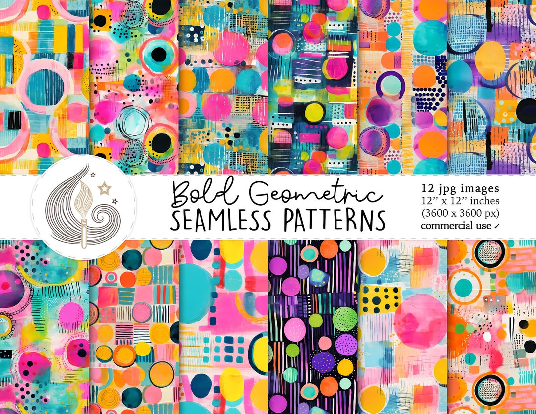 Bold Geometric Seamless Patterns: Colorful Retro Shapes Digital Paper ...