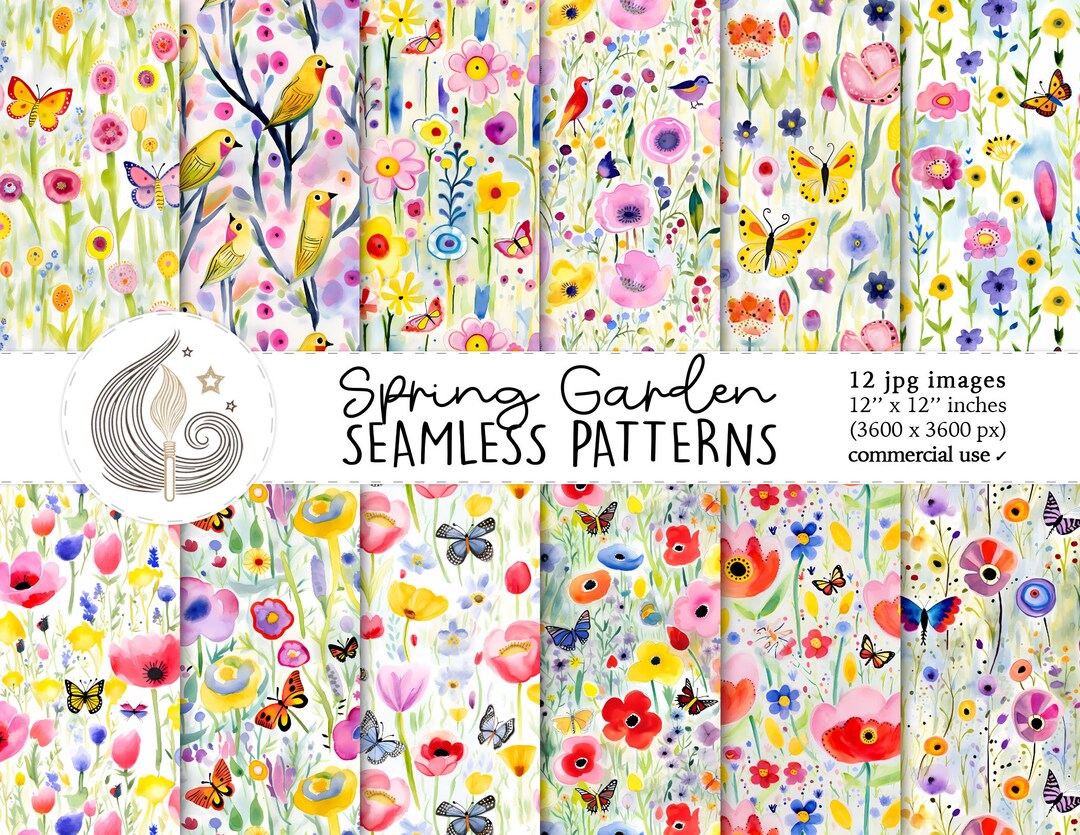 Spring Garden Seamless Patterns: Whimsical Floral Digital Paper Pack in ...