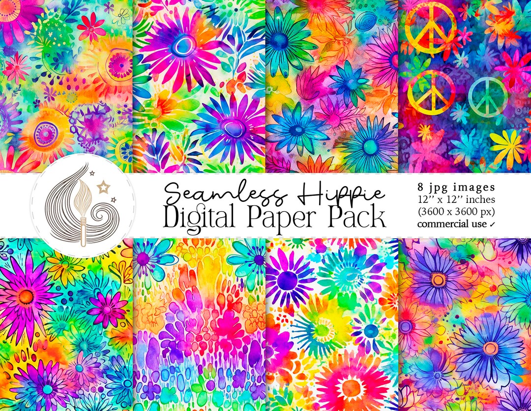 Hippie Digital Paper Groovy Seamless Pattern Flower Power - Etsy