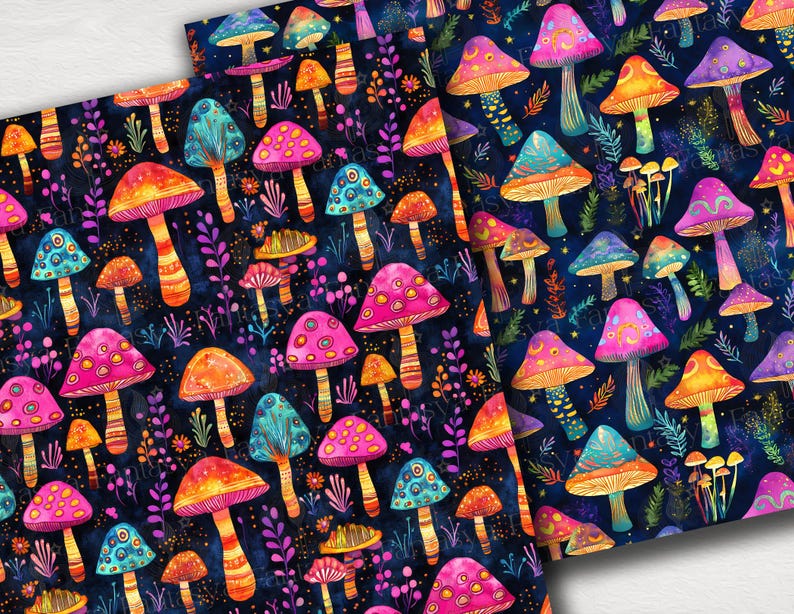 Whimsical Mushroom Seamless Patterns: Colorful Fantasy Forest Digital ...