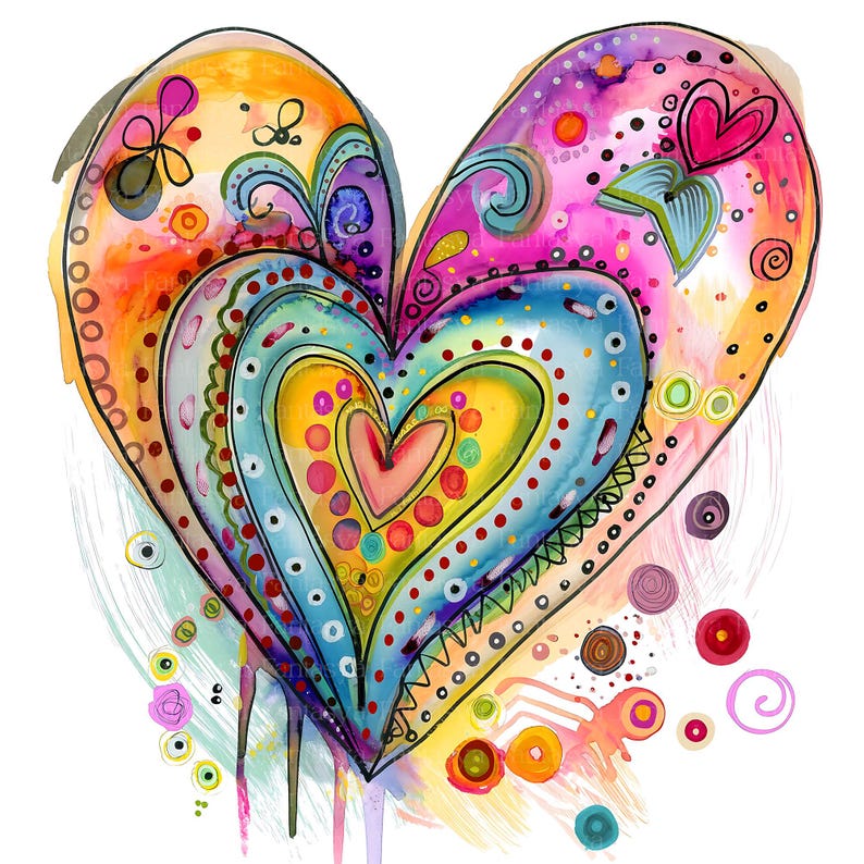 Whimsical Heart Clip Art Pack: 12 Jpg Colorful Mixed Media ...