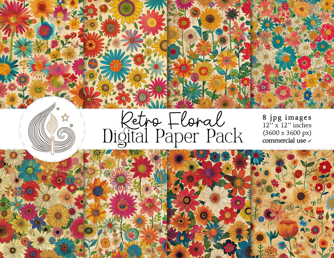Retro Floral Digital Paper Pack | Commercial Use | Vintage Flower ...