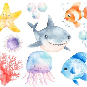 Watercolor Sea Creatures Clipart Set Ocean Nursery Decor Underwater ...
