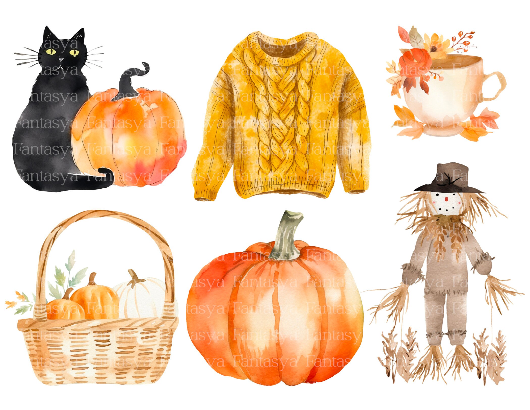 Watercolor Cozy Fall Clipart Pack: Pumpkins, Leaves and Autumn Decor ...