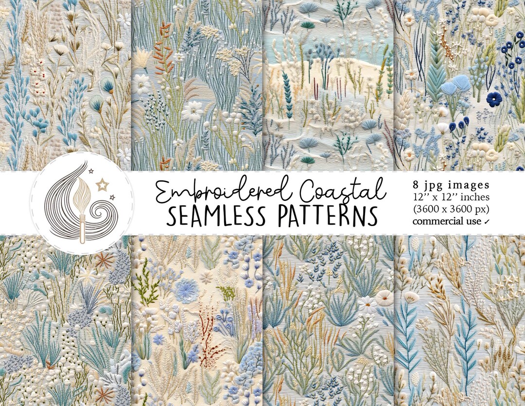 Embroidered Coastal Seamless Patterns: Ocean-inspired Digital Paper ...