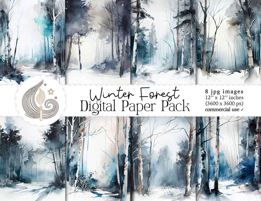 Winter Forest Digital Paper | Watercolor Trees | Christmas Background ...