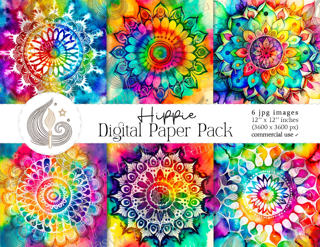 Hippie Digital Paper | Rainbow Watercolor Tie Dye Mandala Digital Paper ...