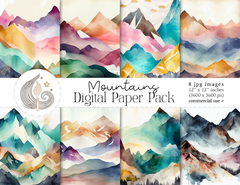 Mountains Digital Paper | Watercolor Mountains | Scrapbooking Paper ...