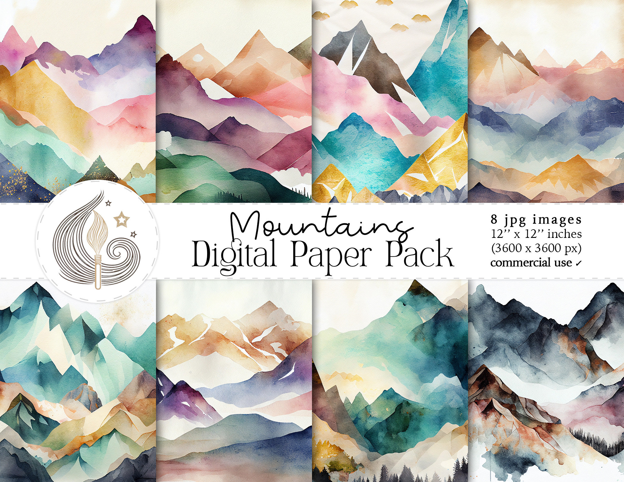 Mountains Digital Paper Watercolor Mountains Scrapbooking - Etsy