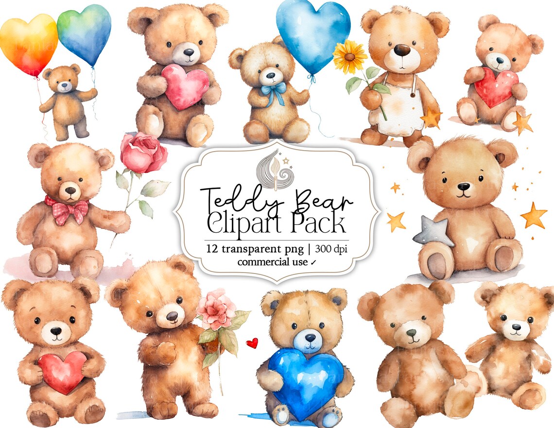Watercolor Teddy Bear Clipart Pack Cute Teddy Clipart Kids - Etsy