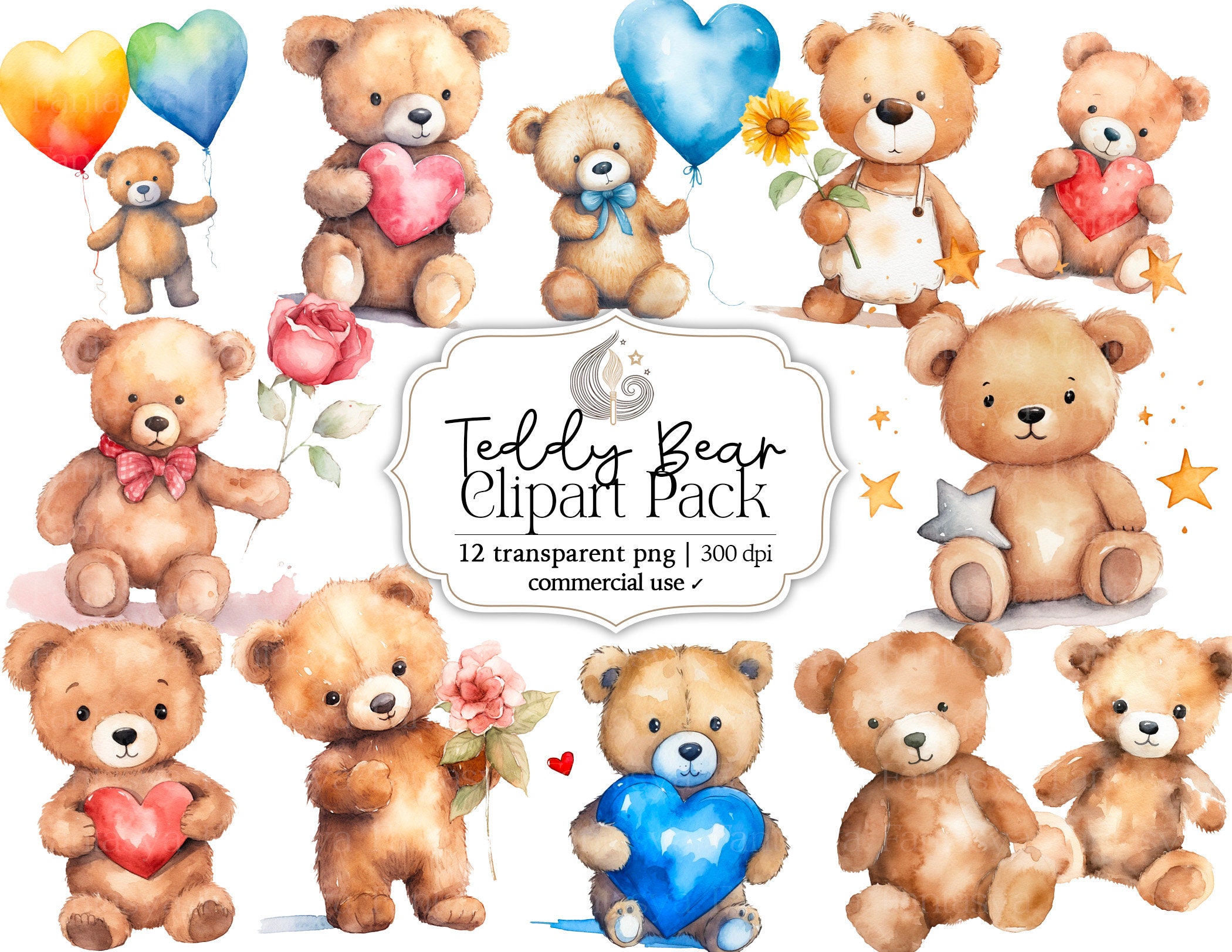 Watercolor Teddy Bear Clipart Pack Cute Teddy Clipart Kids - Etsy