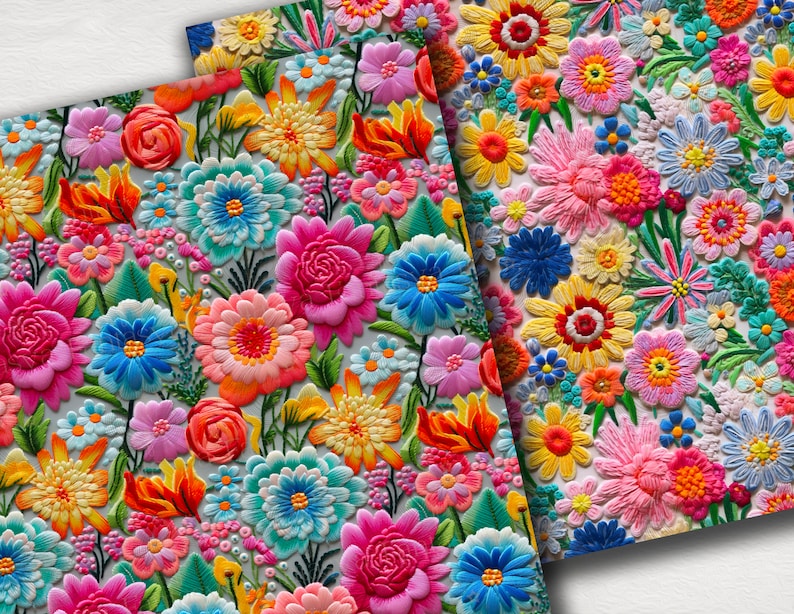 Embroidered Flowers Seamless Patterns: Colorful Textile-inspired Floral ...